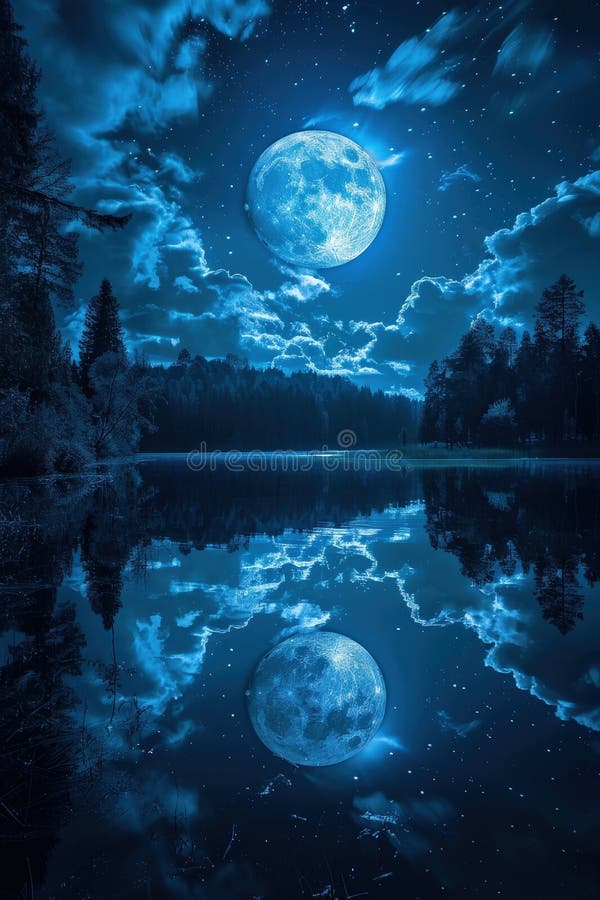 Night Clouds and Moonlight Reflect on a Tranquil Lake Stock ...