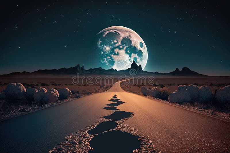 The Moon Shines Brightly Over the Paved Road at Night Stock ...
