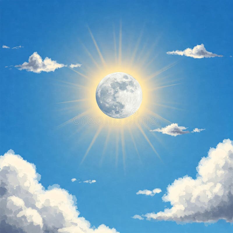 The Moon Shines Like the Sun among the Clouds in the Blue Sky. Stock ...