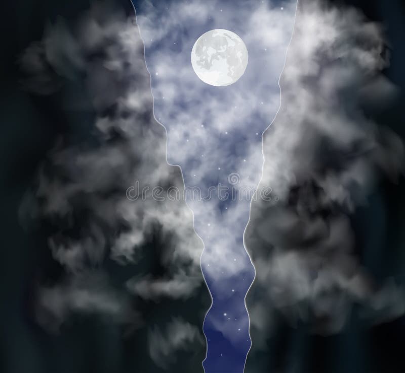 Moon Shines through the Smoke between Two Mountains at Night. Vector ...