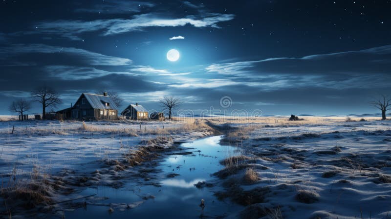 Winter Countryside Landscape with Moon and Snow Stock Illustration ...