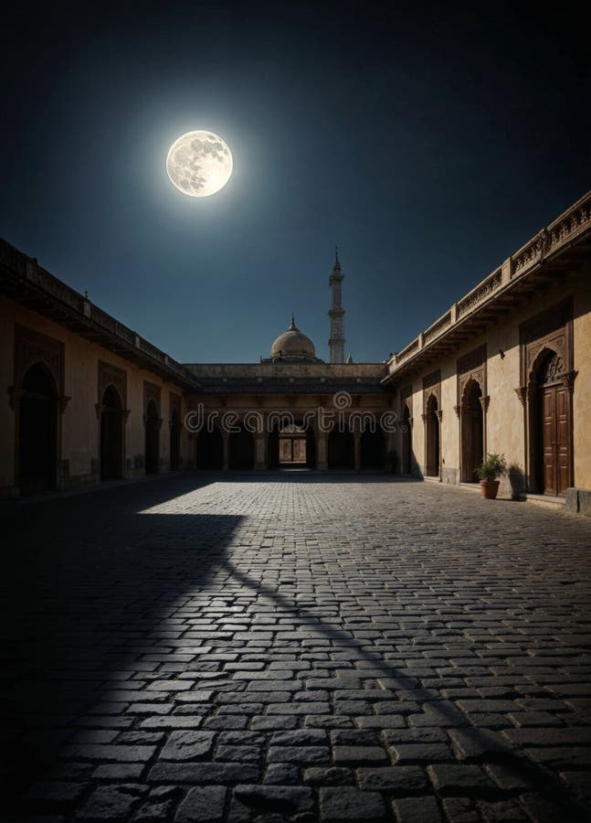 The Moon is Shining Brightly in the Night Sky Over an Empty Courtyard ...