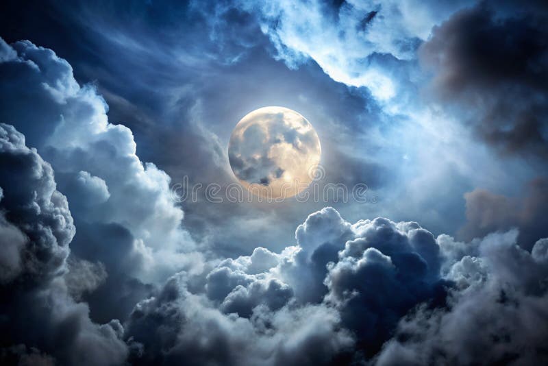 Moon Shining through Clouds on a Dark Night Sky Stock Illustration - Illustration of cover ...