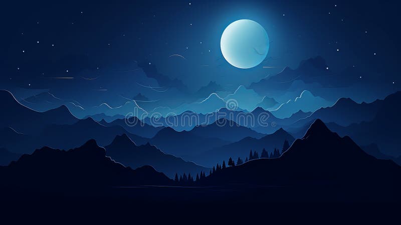The Moon is Shining Over a Mountain Range at Night Stock Illustration ...