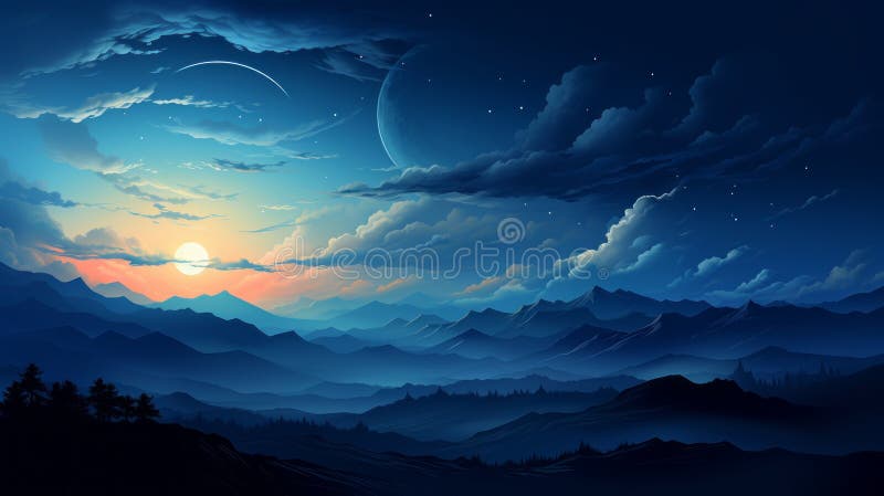 The Moon is Shining Over the Mountains at Night Stock Illustration ...