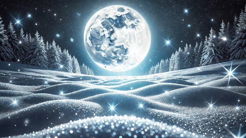 Moon Shining Over a Snow-covered Landscape, with the Snow Sparkling ...