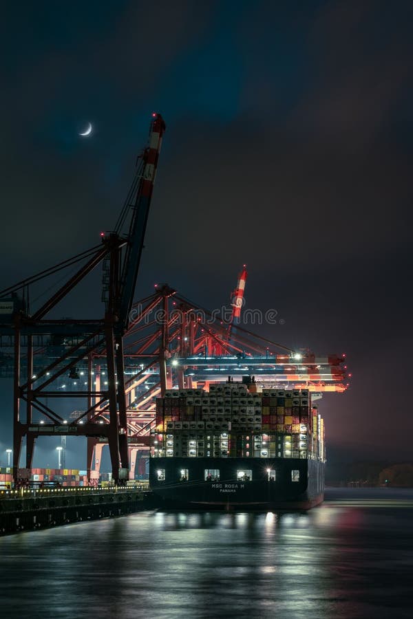 Moon at the Harbour and a Ship Editorial Photography - Image of ...