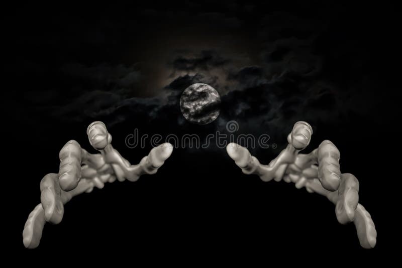 Moon with Skeleton Hands Reaching Forward Stock Photo - Image of touch ...