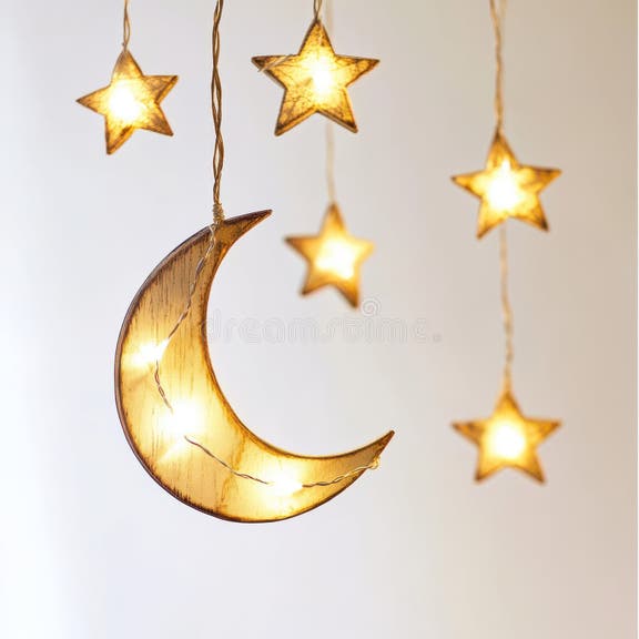 Moon and Star String Lights Isolated on White Background Stock ...
