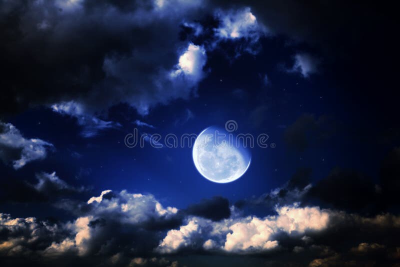 Dramatic Nighttime Clouds and Sky with Large Full Blue Moon Stock Image ...