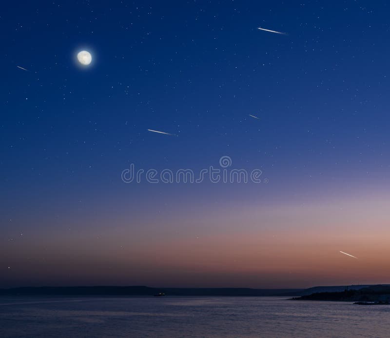 Moon and Stars Over the Calm Sea Stock Photo - Image of moonlight, moon ...