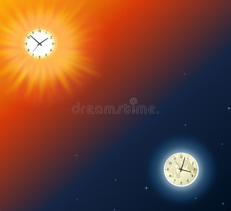 Moon and Sun with Clocks at Gradient Background Stock Illustration ...