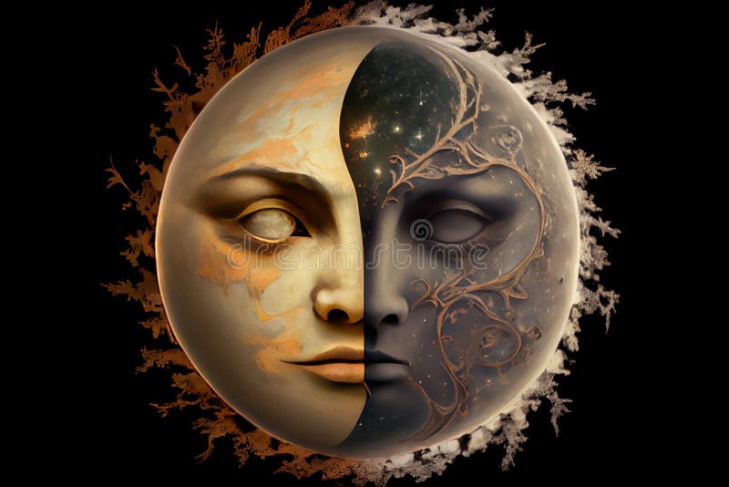 Moon and sun faces stock illustration. Illustration of mask - 265371809