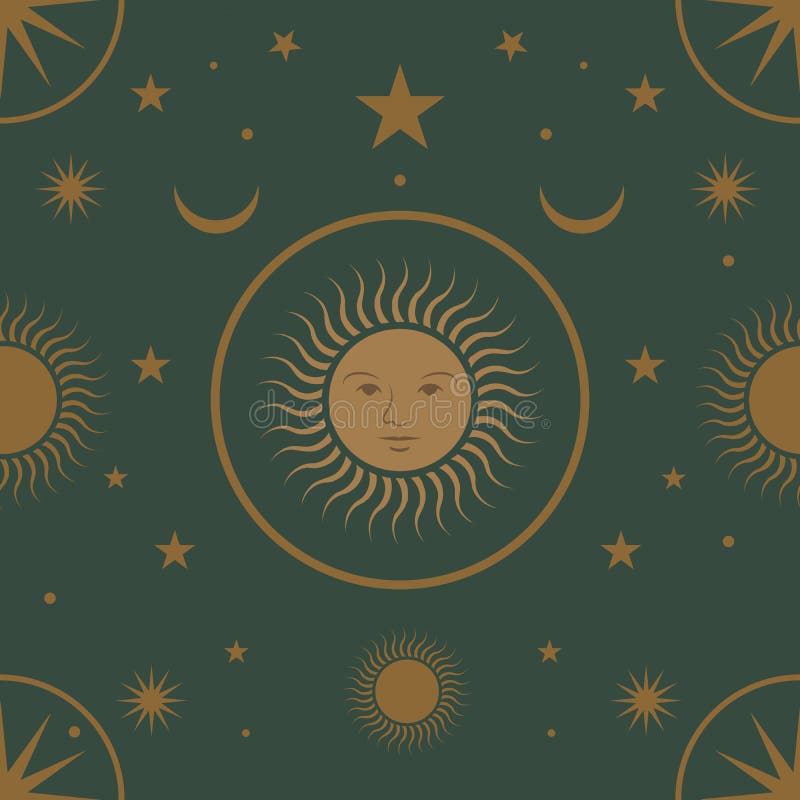 Moon, Sun and Stars, Seamless Ornamental Pattern Stock Vector ...