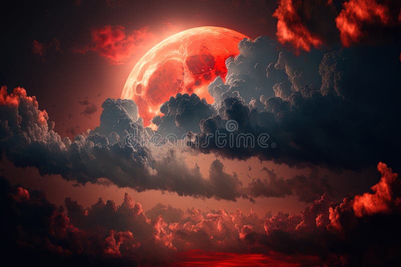 Moon and Sunset in Red. Stunning Black Fluffy Clouds and Sunrays Stock ...