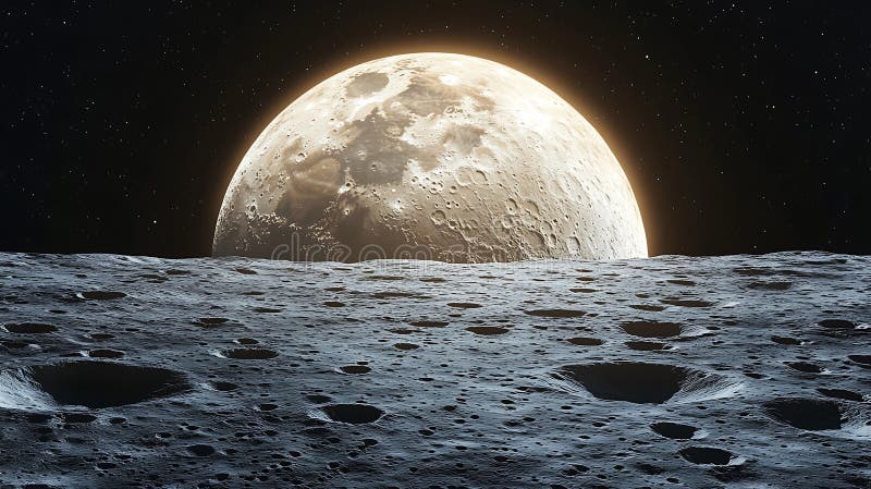 Moon Surface with Craters and Glowing Atmosphere Seen from a Distant ...