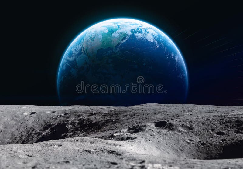 Moon Surface and Earth Planet in Outer Space. Exploration of Solar ...