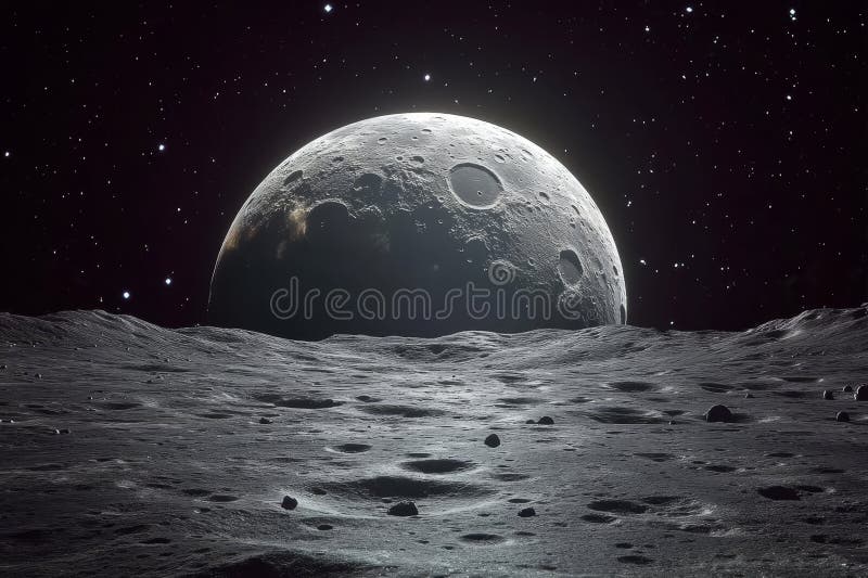 Moon Surface Panorama Desolate Beauty, Craters, and the Distant Earth in a Starry Sky Stock ...