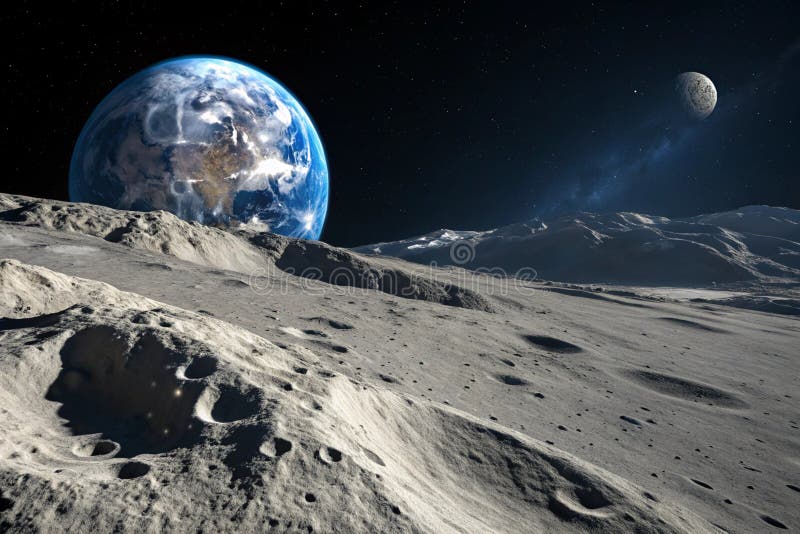 Moon Surface View with Planet Earth Stock Illustration - Illustration ...
