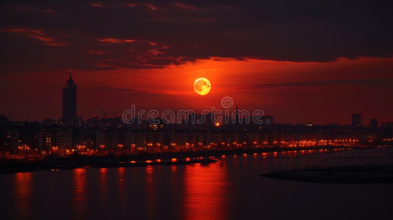 Moon Symphony: Big Red Moon in the Center of the City Sky Stock ...