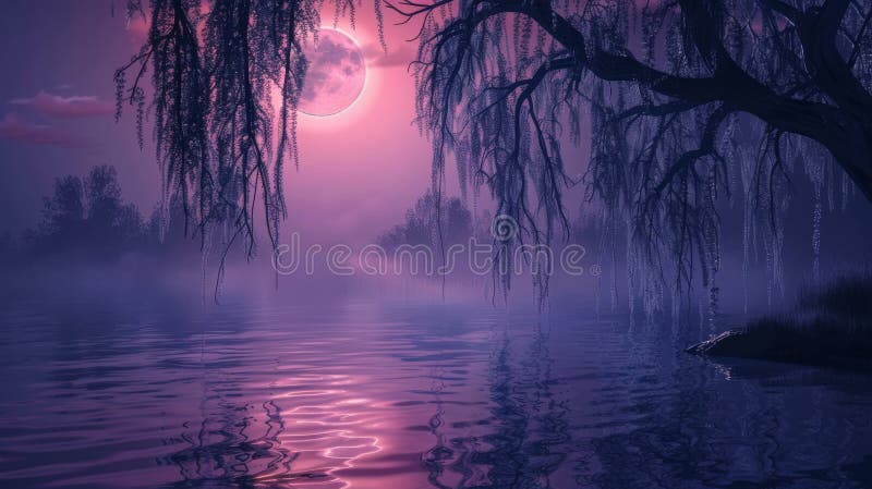 A Fantasy Background with the Moon and Trees, Including a Weeping ...
