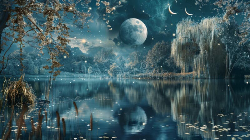 A Fantasy Background with the Moon and Trees, Including a Weeping ...
