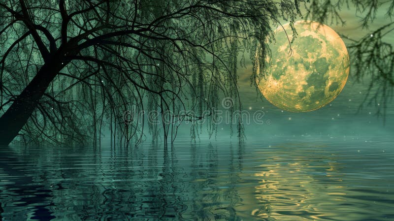 A Fantasy Background with the Moon and Trees, Including a Weeping ...