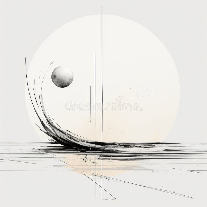 Moon and Waves: a Conceptual Artwork with Dynamic Line Work Stock ...