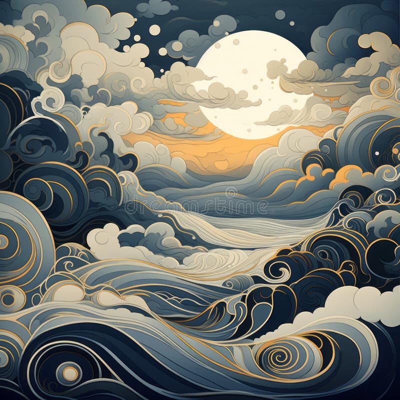 Moon and Waves: Intricate Illustrations of Harmonious Ocean Landscapes ...