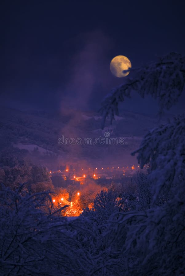 Moon at winter stock image. Image of village, lighting - 7715503