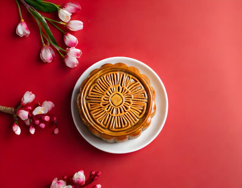 Mooncake on red background stock illustration. Illustration of reunion ...