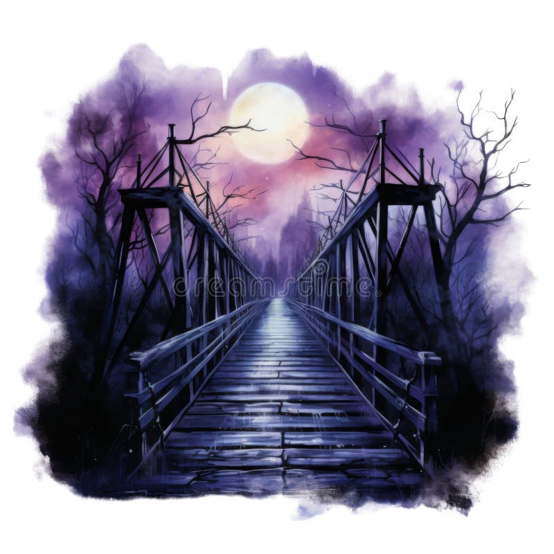 A Moonlight Bridge through a Dark Forest Stock Image - Illustration of ...