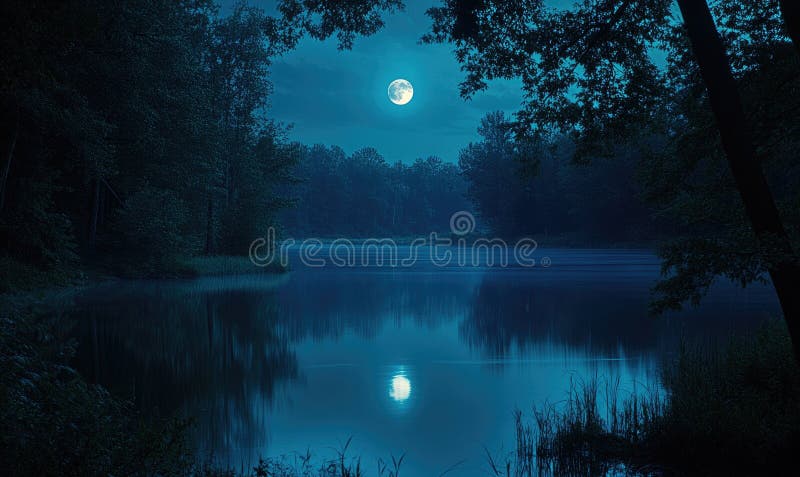 Moonlight Casting a Soft Glow on a Calm Pond Stock Photo - Image of ...