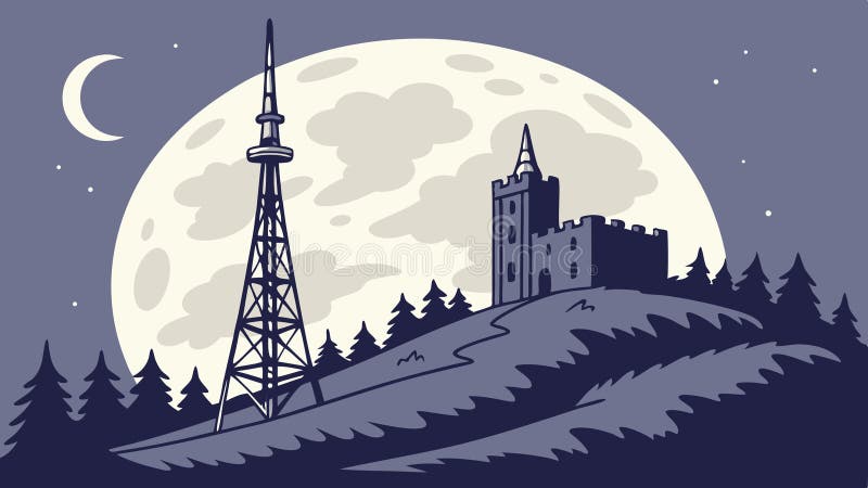 Moonlight Communication Tower, Spooky Night Scene, Vector Design ...