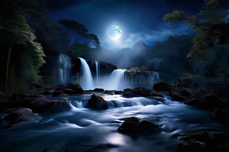 Moonlight Falls a Peaceful Dreamy Image of a Waterfall Under the Stock ...
