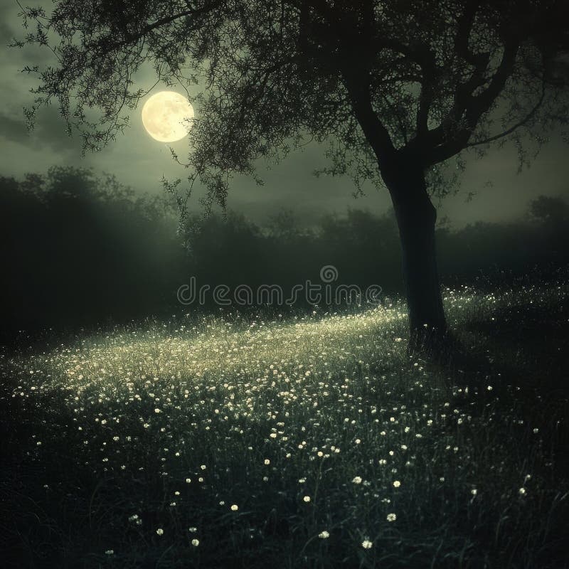 Moonlight Field of Flowers stock illustration. Illustration of dark ...