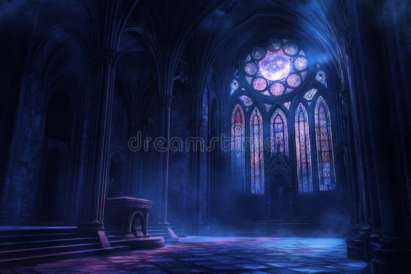 A Moonlight-Illuminated Gothic Cathedral Interior Stock Illustration ...