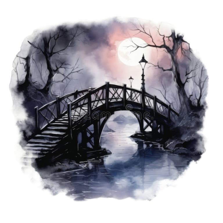 Moonlight Illuminates a Bridge in a Misty Forest Stock Image ...
