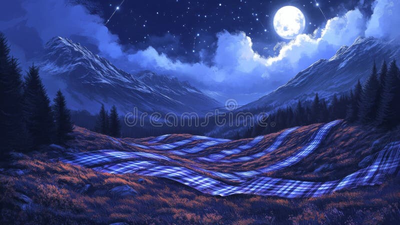 Moonlight Illuminates a Checkered Field in a Mountainous Landscape ...