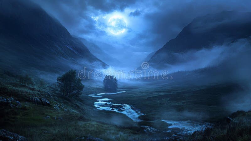 Moonlight Illuminates a Misty Valley with a Stream Winding through it ...