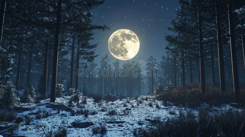 The Moonlight Illuminates Snow-covered Trees in a Serene Winter ...