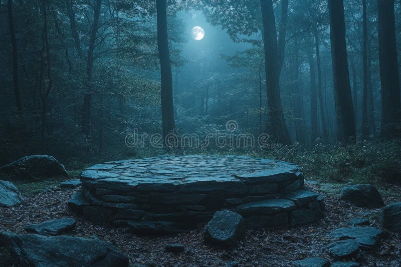 Moonlight Illuminates a Stone Circle in a Serene Forest Setting Stock ...