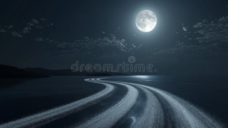 Moonlight Illuminates a Winding Wake in a Calm Sea Stock Illustration ...