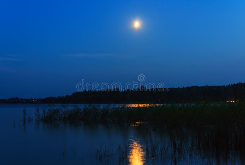 Moonlight on the Lake at Dusk Stock Image - Image of shore, night: 48305469