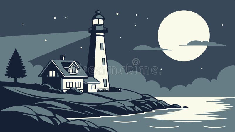 Moonlight Lighthouse Vector, Night Scene and Coastal Beacon Design ...