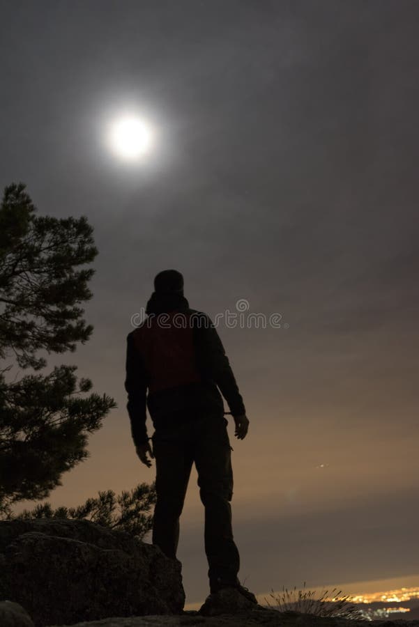 Moonlight man silhouette stock photo. Image of nature - 82297396
