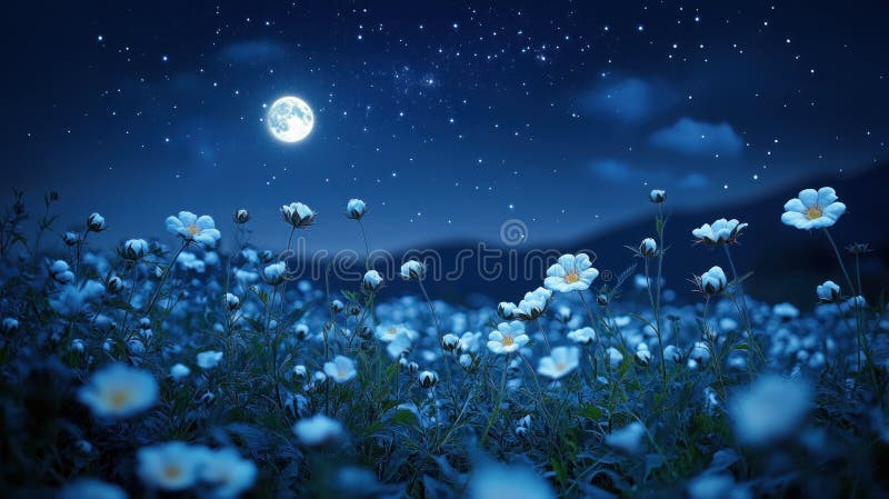 Moonlight Meadow, Starry Night Stock Illustration - Illustration of ...