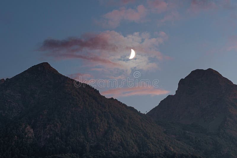 Moonlight in the Mountains. Crescent Moon in the Sunset Sky, Pink ...