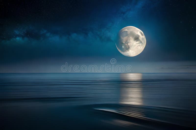 Moonlight in Ocean Landscape. Bright Full Moon Over the Sea Stock Image ...