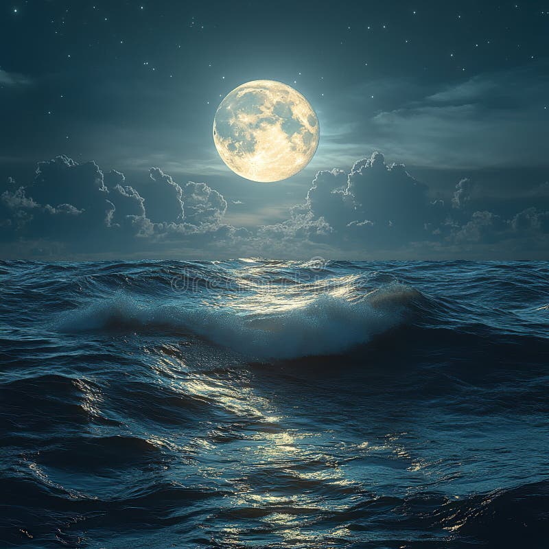 Nighttime Ocean Waves Under Full Moonlight Starry Sky Stock Photos - Free & Royalty-Free Stock ...